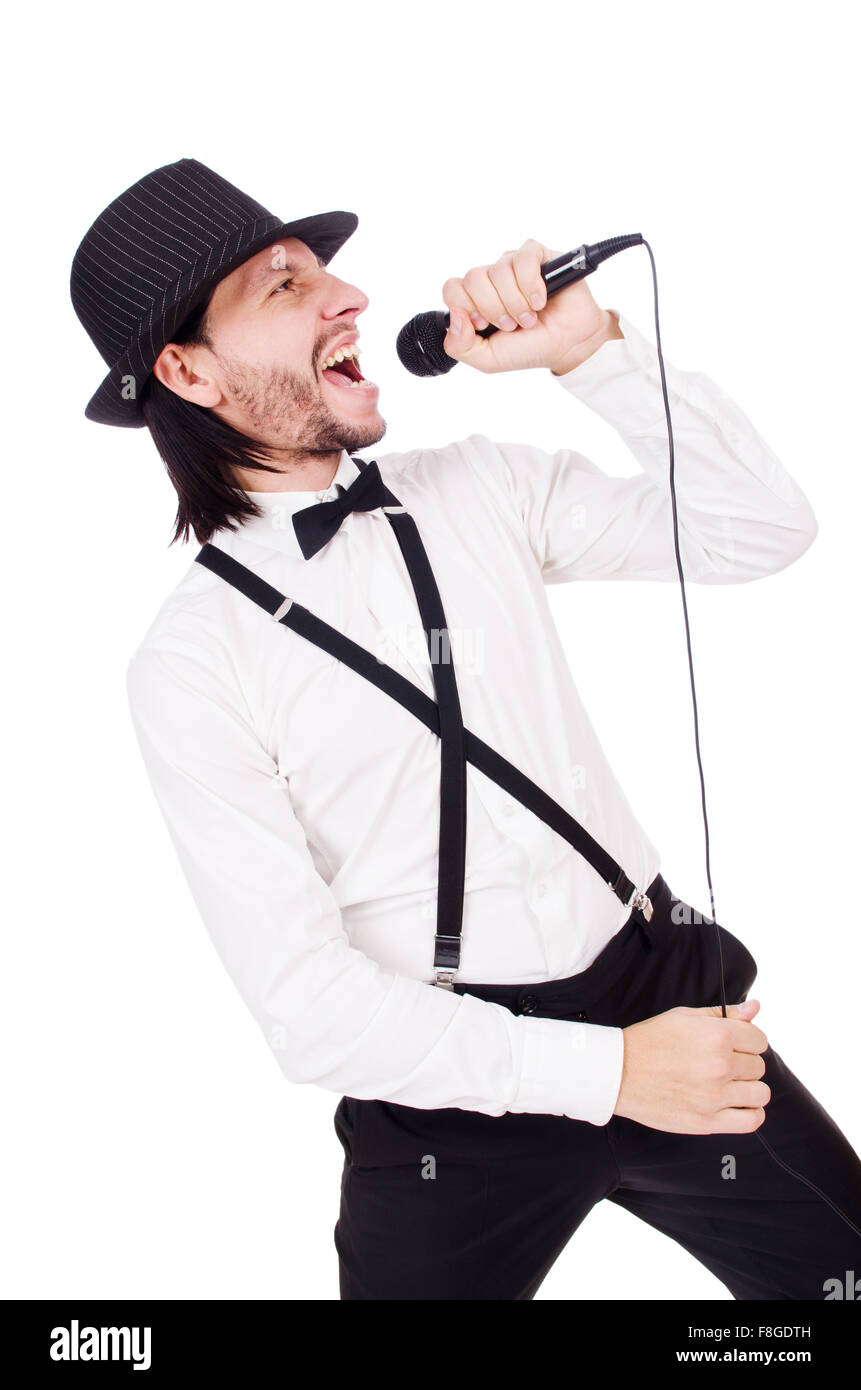 Funny man singing isolated on the white Stock Photo - Alamy