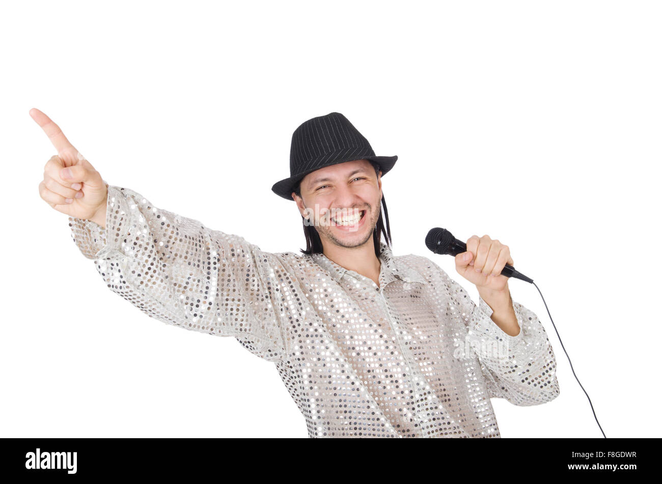 Man with mic isolated on white Stock Photo - Alamy