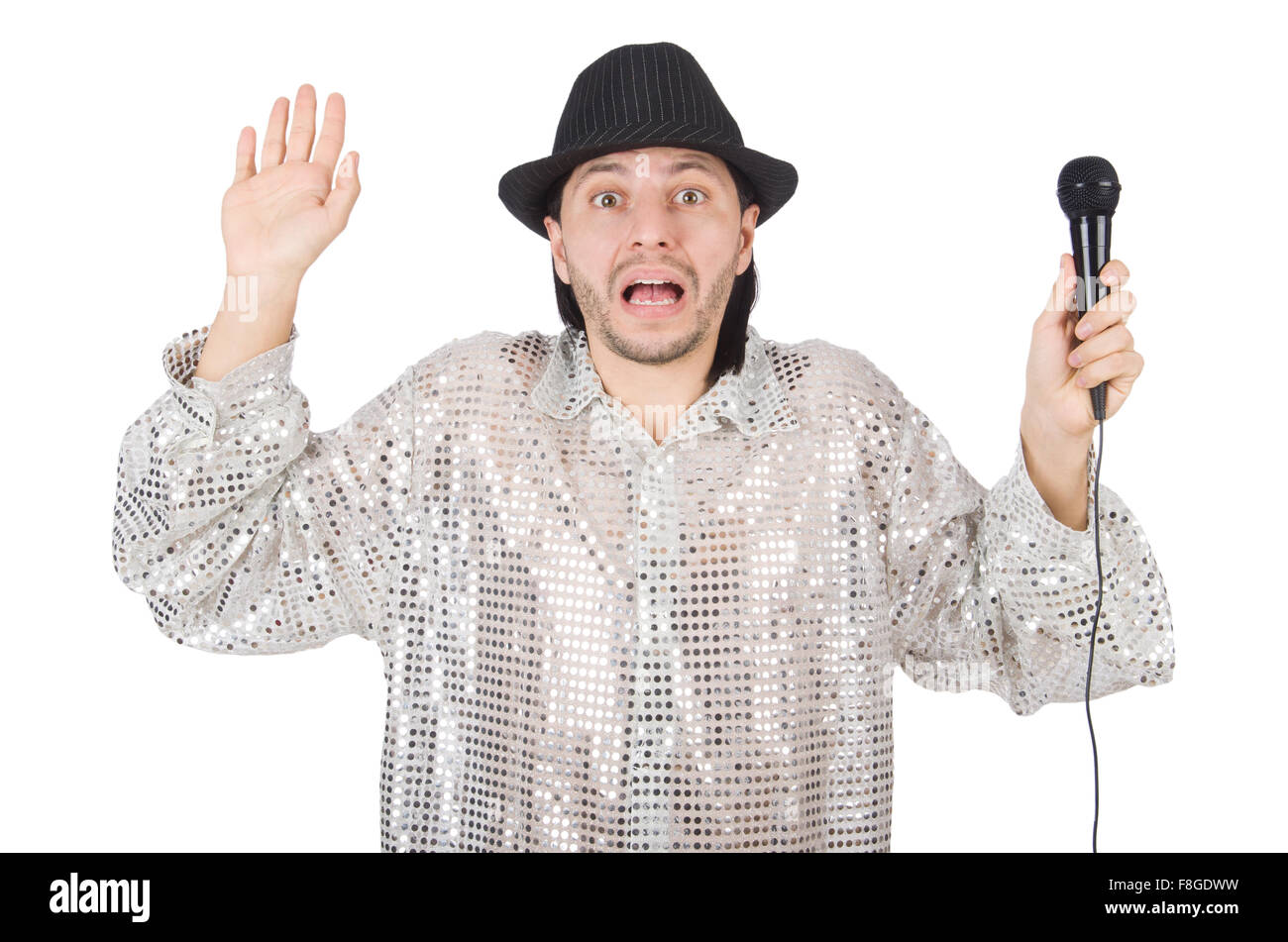 Man with mic isolated on white Stock Photo - Alamy