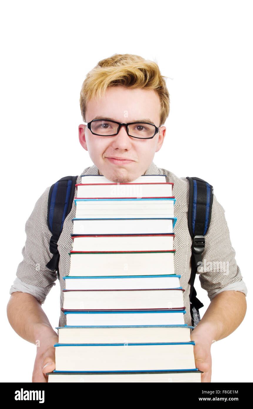 Funny student with stack of books Stock Photo - Alamy