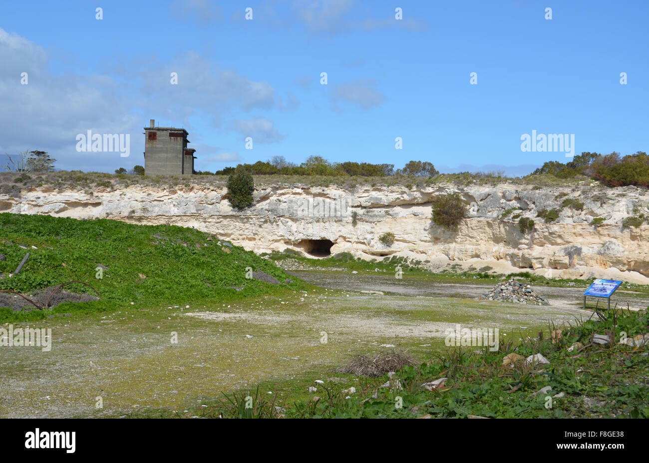 Guard towers overlook the Robben Island Prison Limestone Quarry where ...