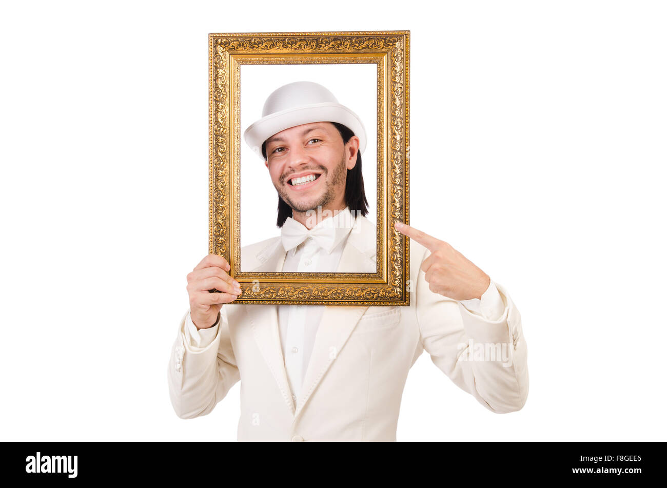 Man in white costume with picture frame Stock Photo - Alamy