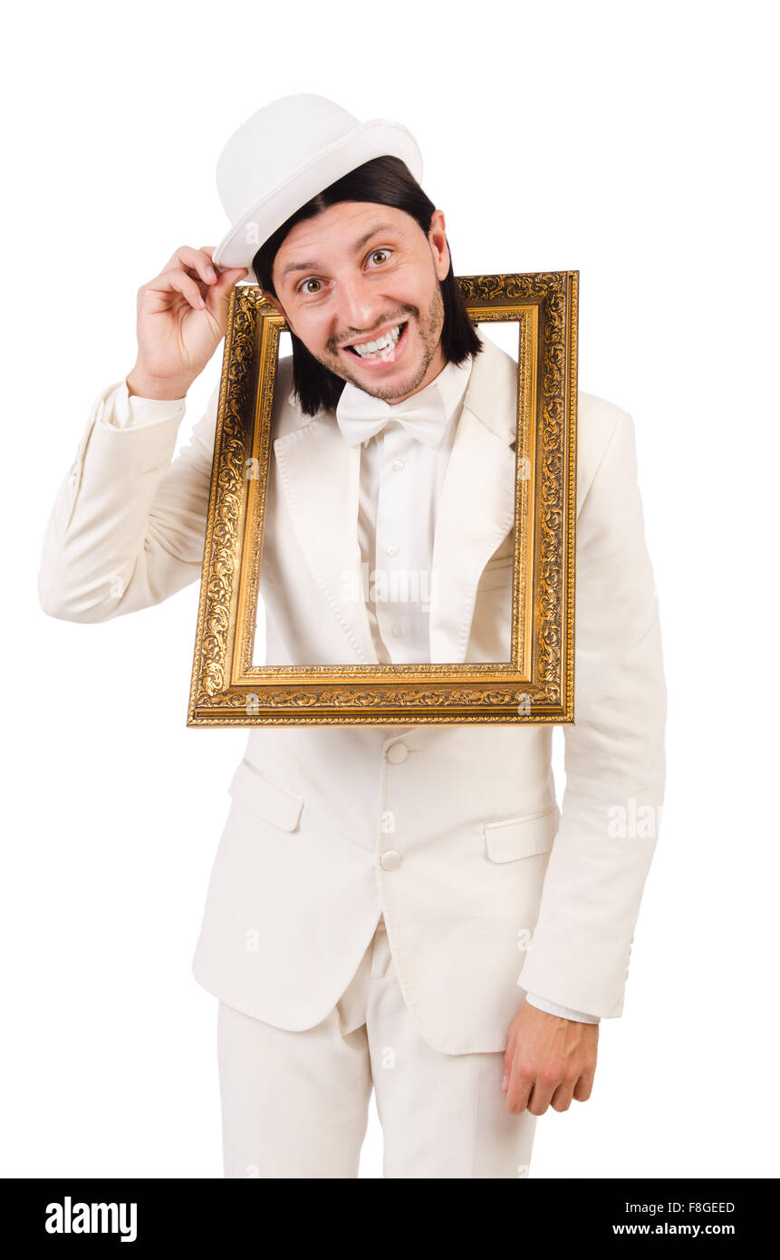 Man in white costume with picture frame Stock Photo - Alamy