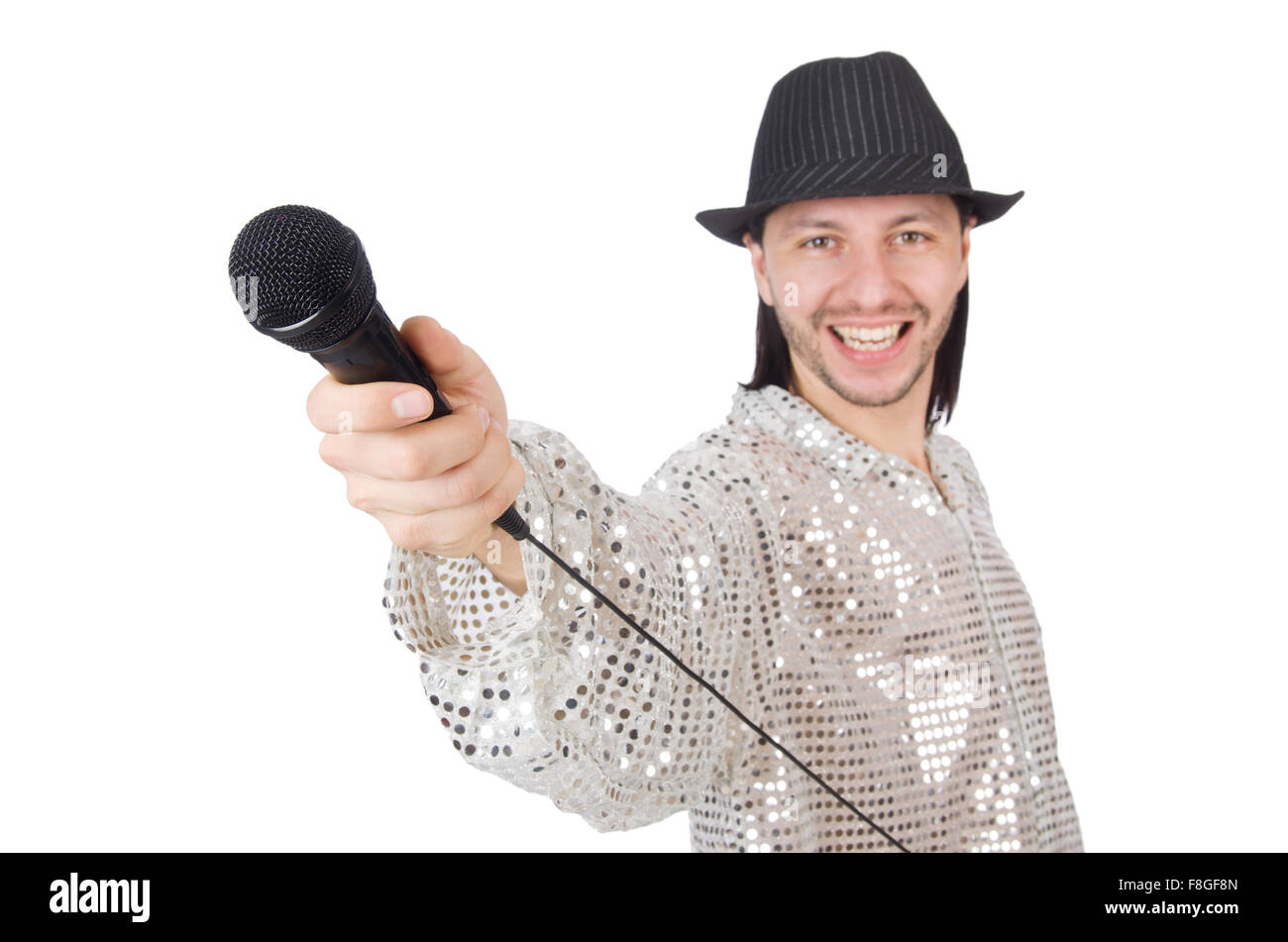 Man with mic isolated on white Stock Photo - Alamy