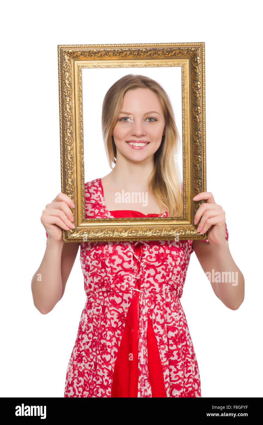 Woman holding picture frame isolated on white Stock Photo - Alamy