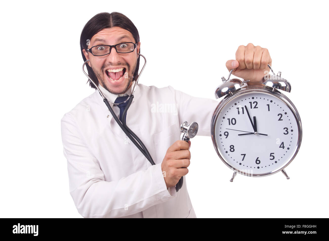 Man doctor with clock isolated on white Stock Photo - Alamy