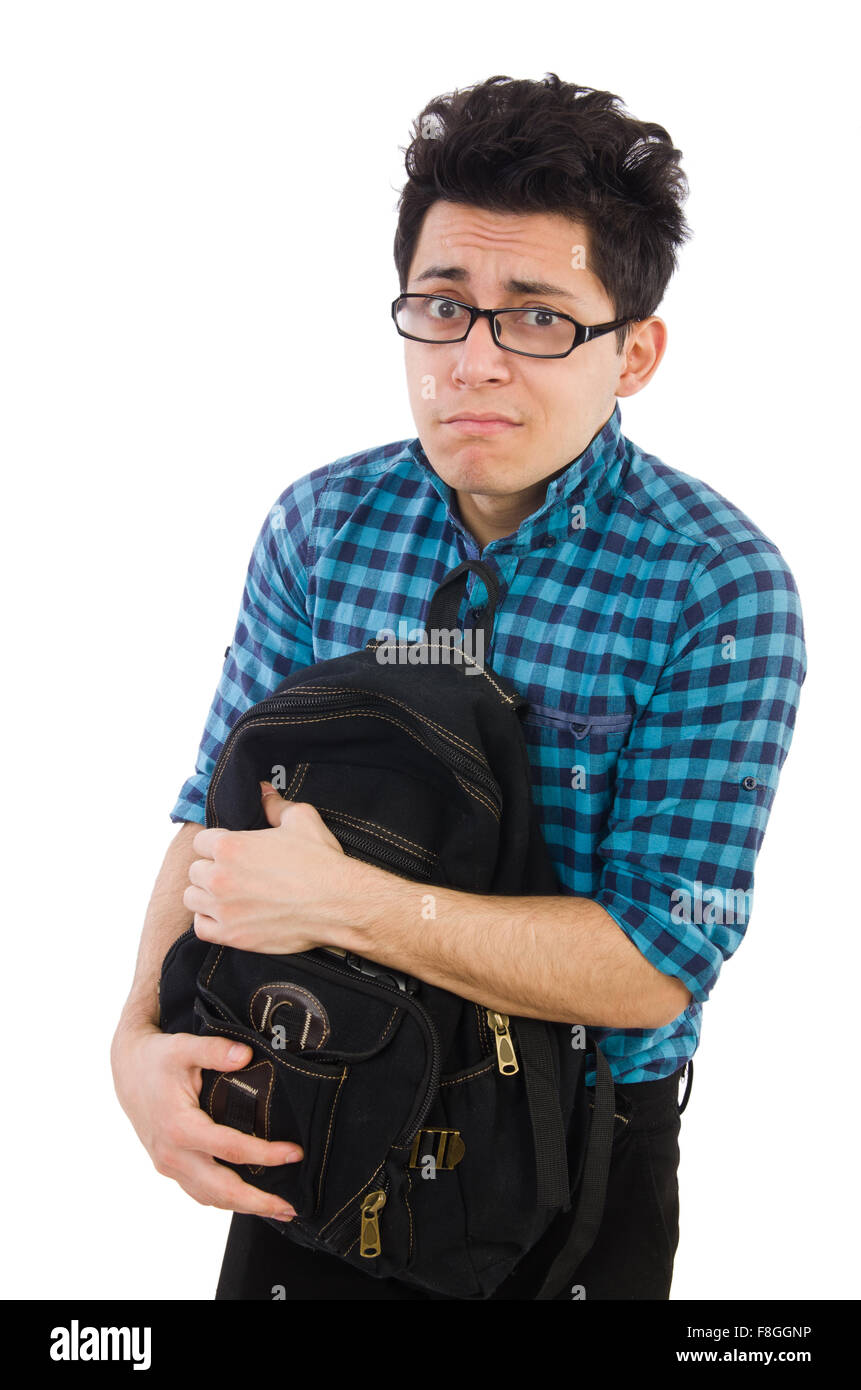 Man with backpack isolated on white Stock Photo - Alamy
