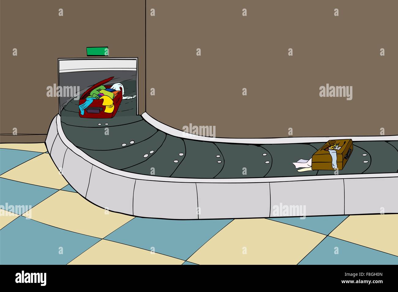 Hand drawn illustration of two torn suitcases in baggage claim scene ...