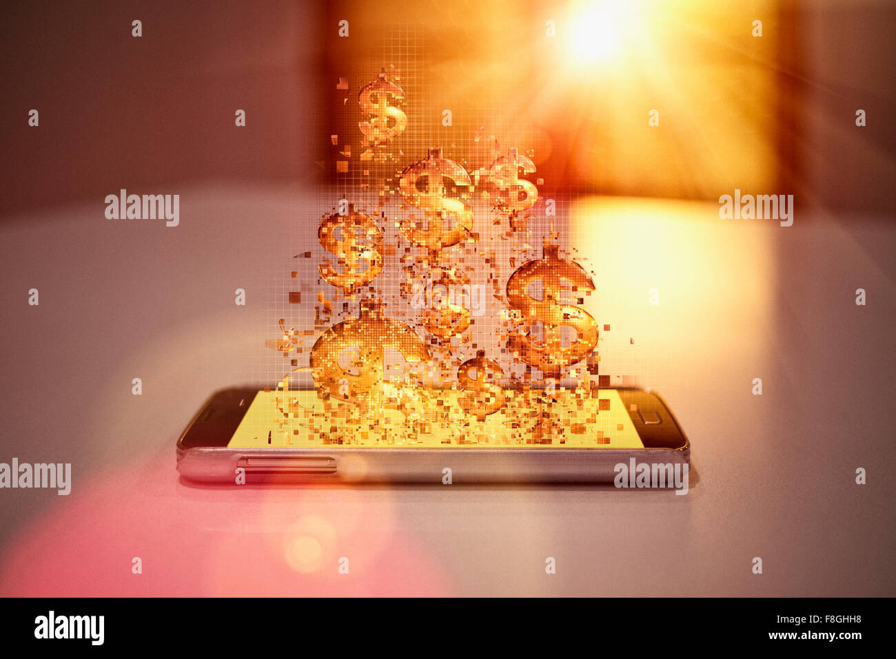 Pixelated dollar signs floating over cell phone Stock Photo - Alamy