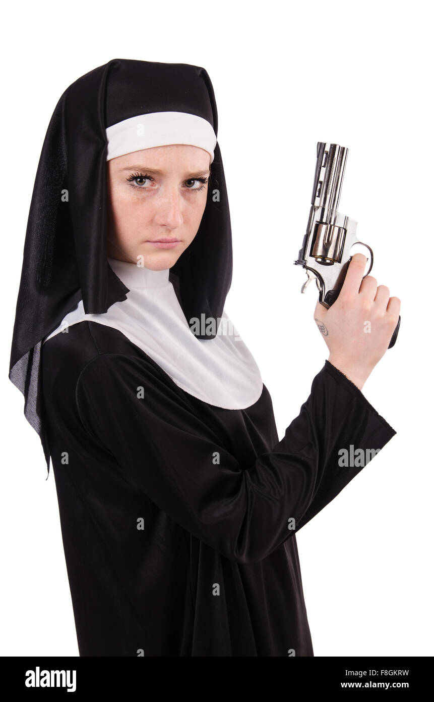 Nun with handgun isolated on white Stock Photo - Alamy