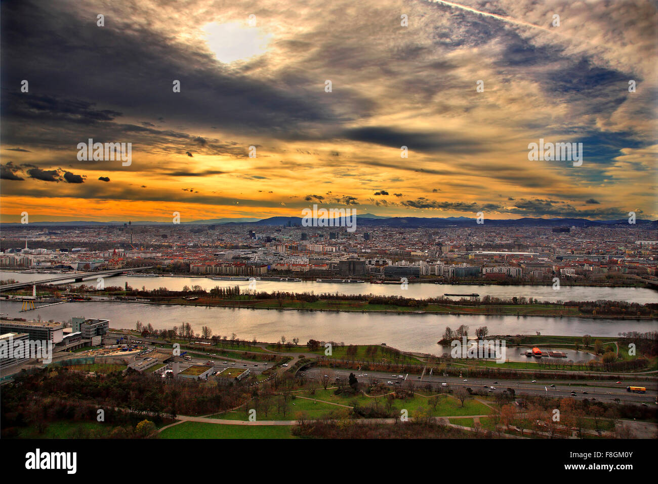 Danube river and Vienna. View from the Danube Tower ("Donauturm"), the ...