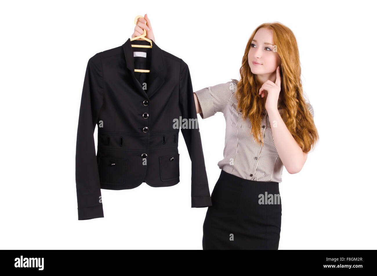 Woman choosing the dress isolated on white Stock Photo - Alamy