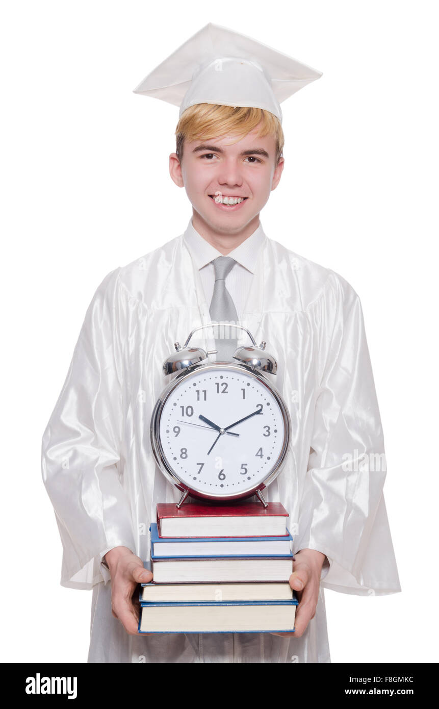 Student missing his deadlines with clock on white Stock Photo - Alamy