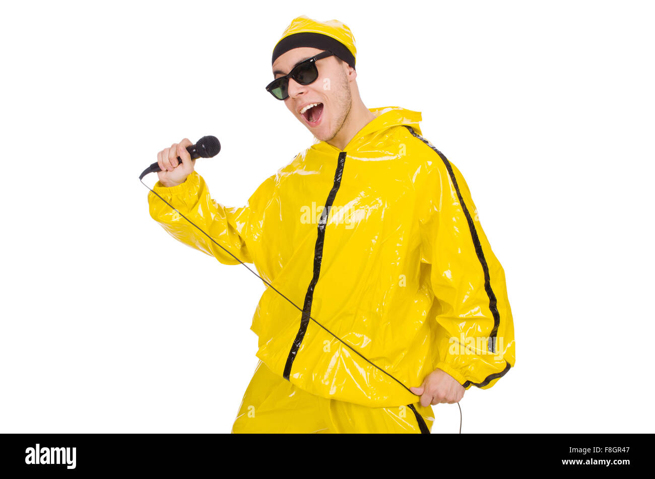 Funny performer with mic isolated on the white Stock Photo - Alamy
