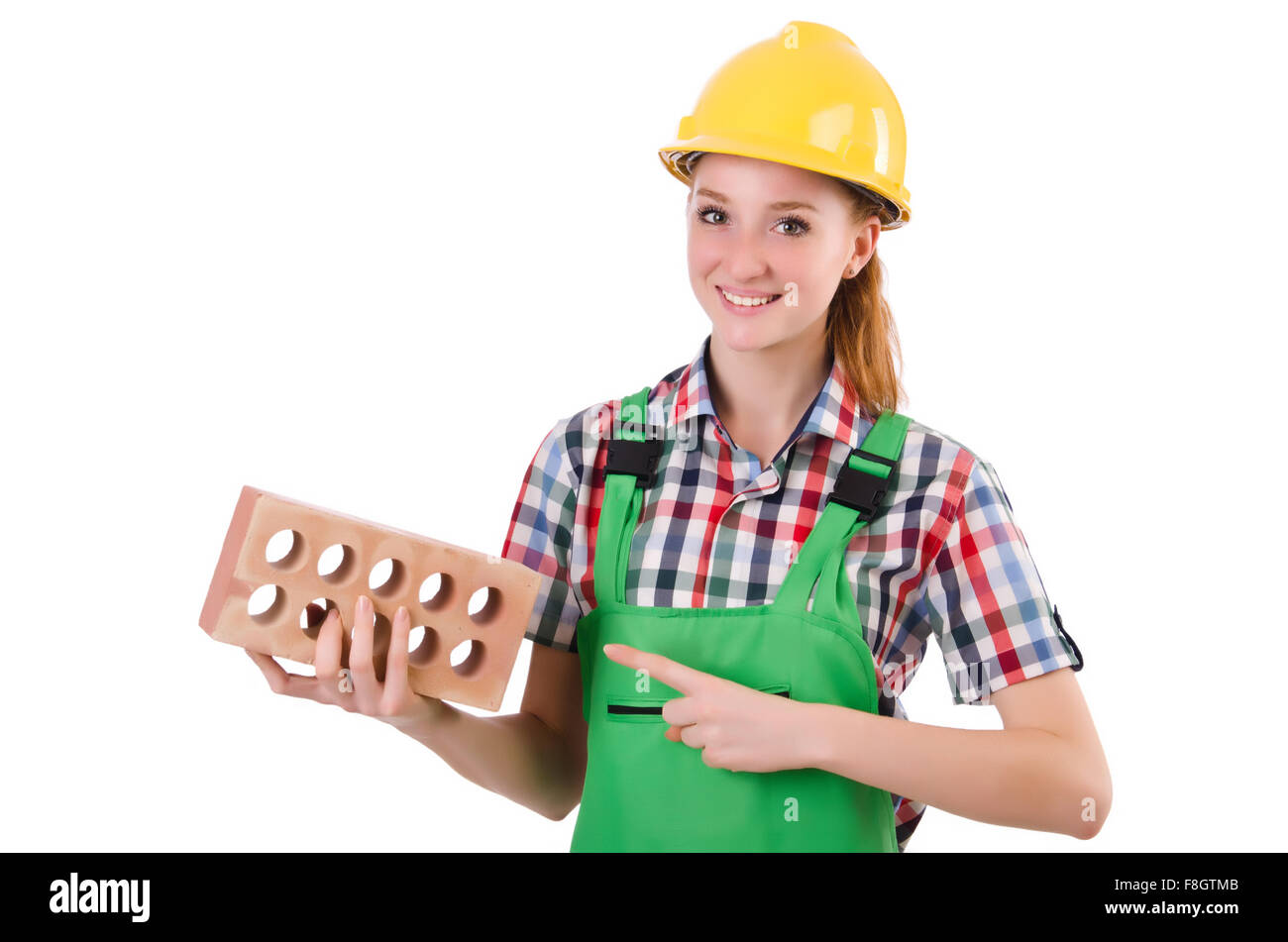 Woman with bricks isolated on white Stock Photo - Alamy