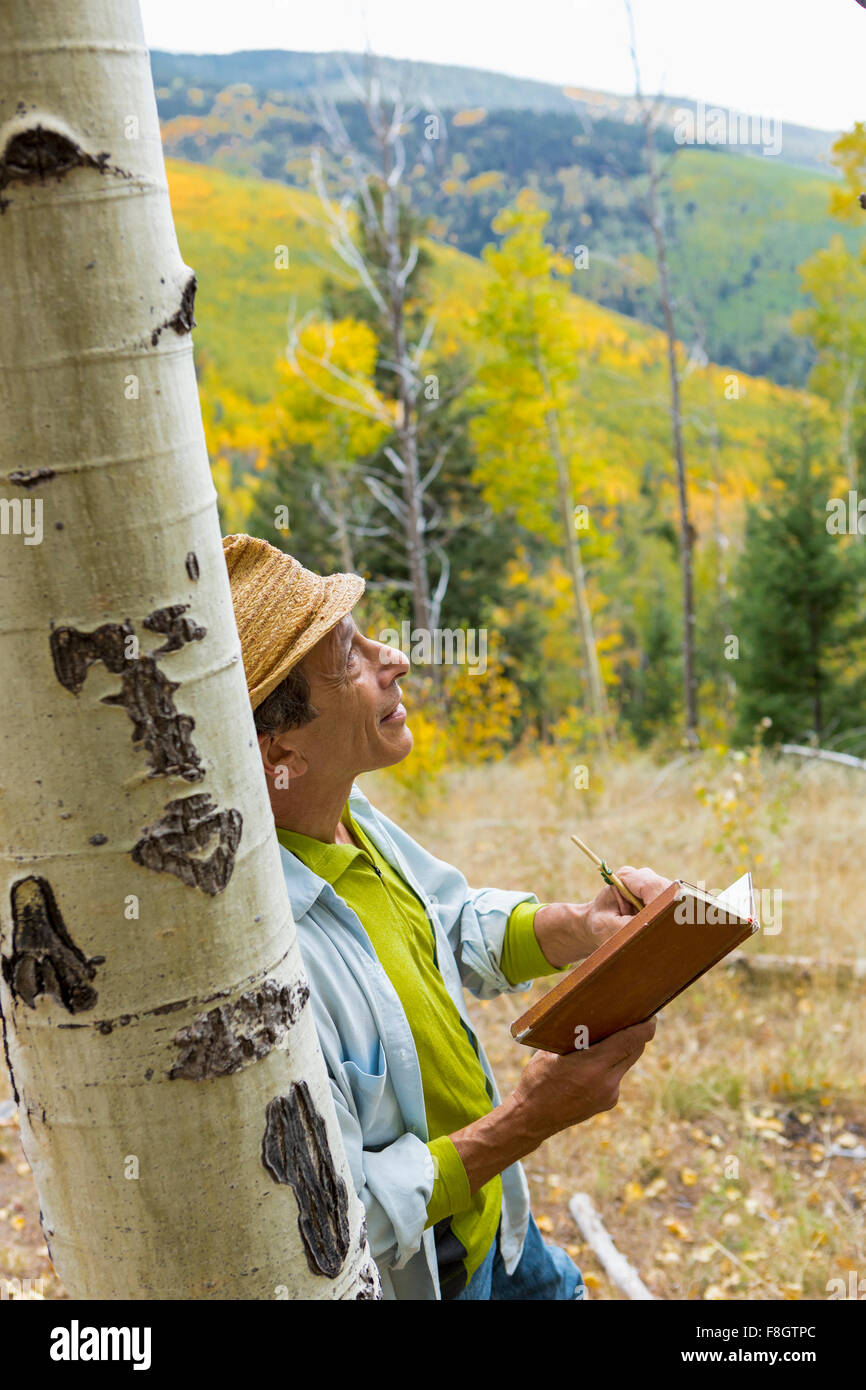 Man reading book in autumn forest Stock Photo - Alamy