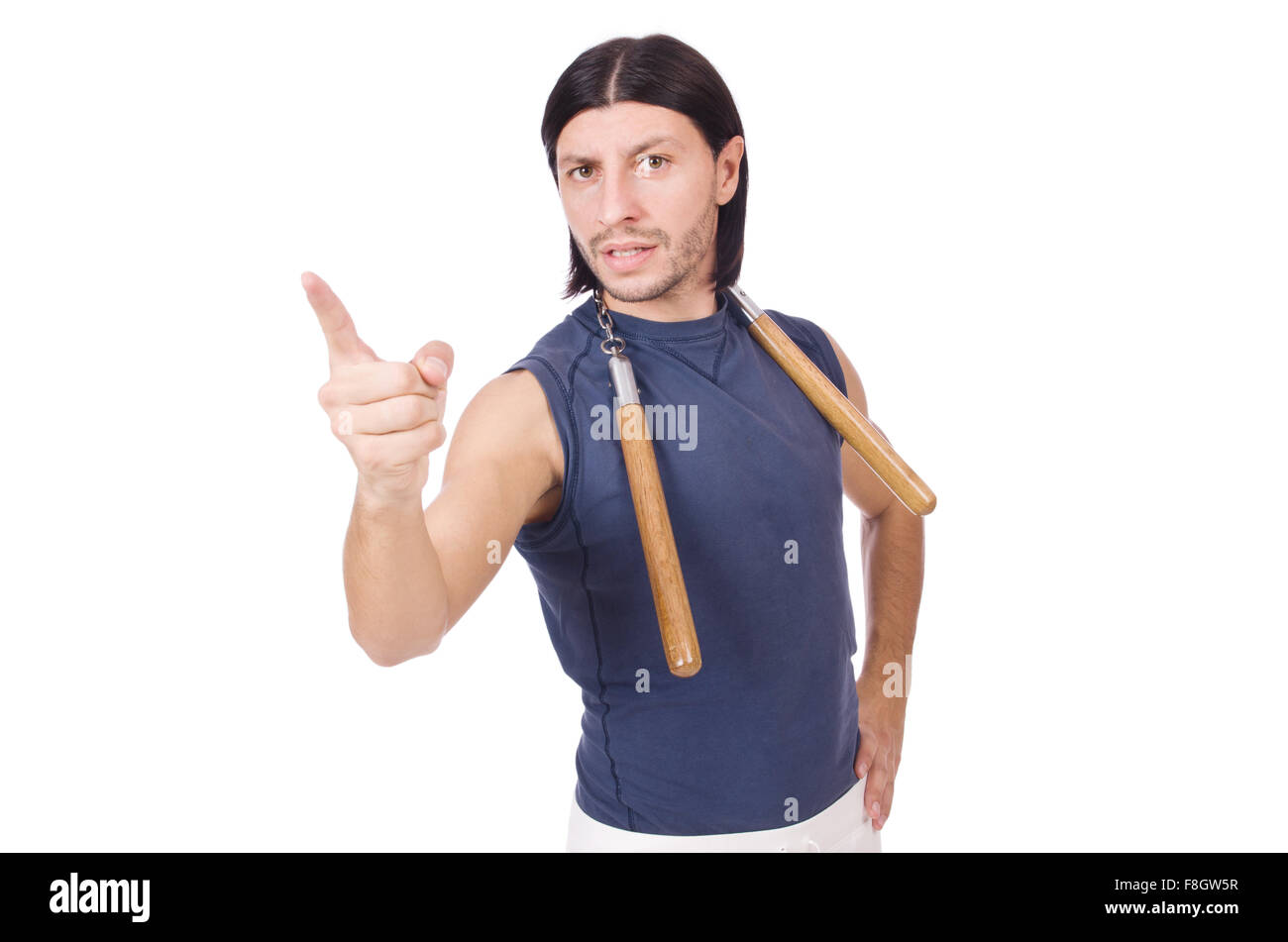 Funny karate fighter with nunchucks on white Stock Photo - Alamy