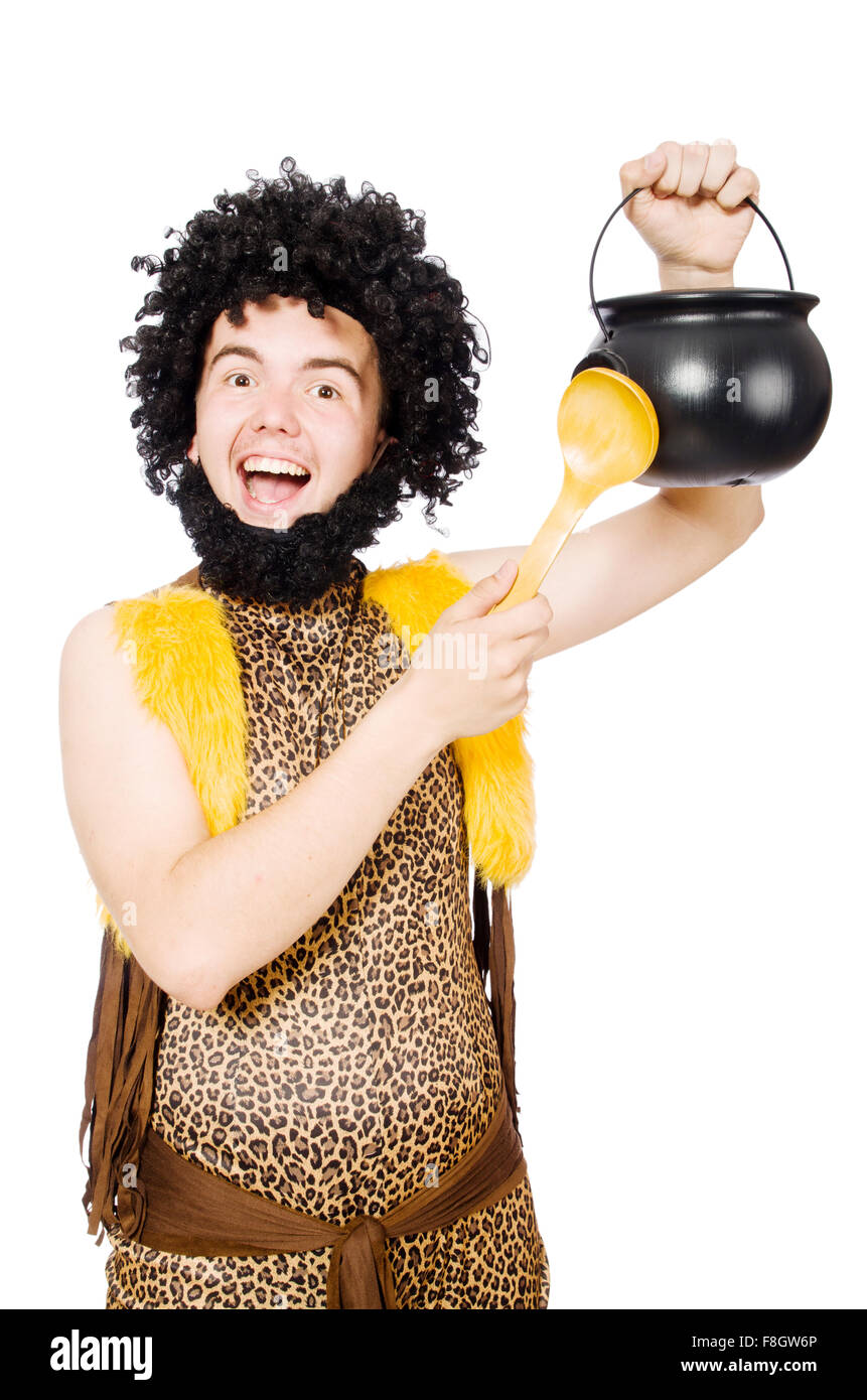Funny caveman with pot isolated on white Stock Photo - Alamy