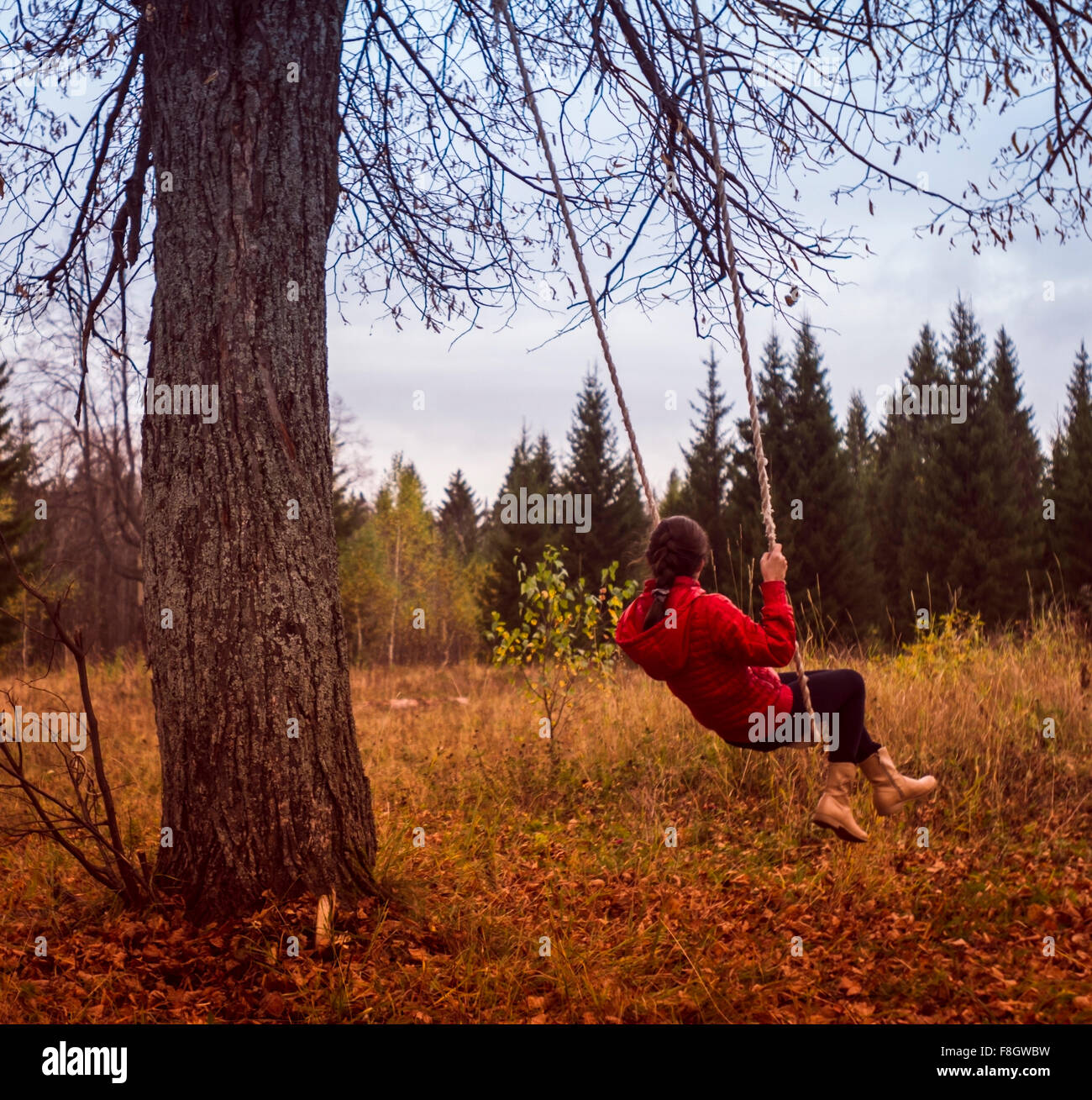 Caucasian girl playing on swing Stock Photo - Alamy