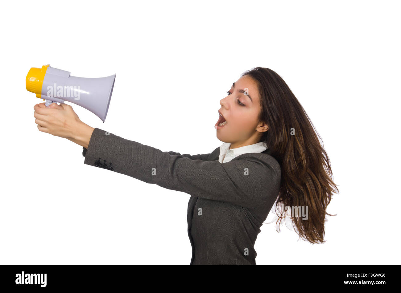 Woman with loudspeaker on white Stock Photo - Alamy