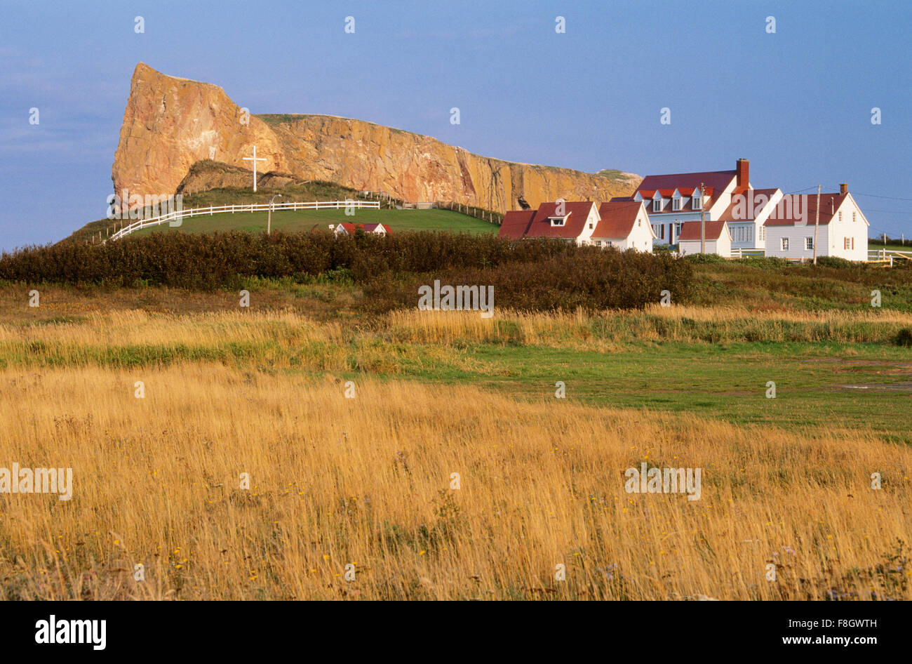 Town of Perce with Perce Rock in the background, Gaspe Peninsula ...
