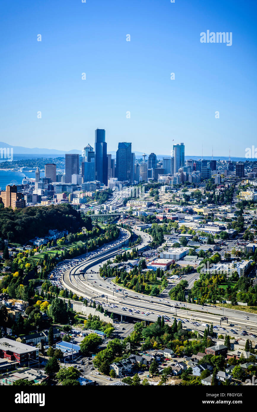 Aerial view of highway and Seattle cityscape, Washington, United States ...