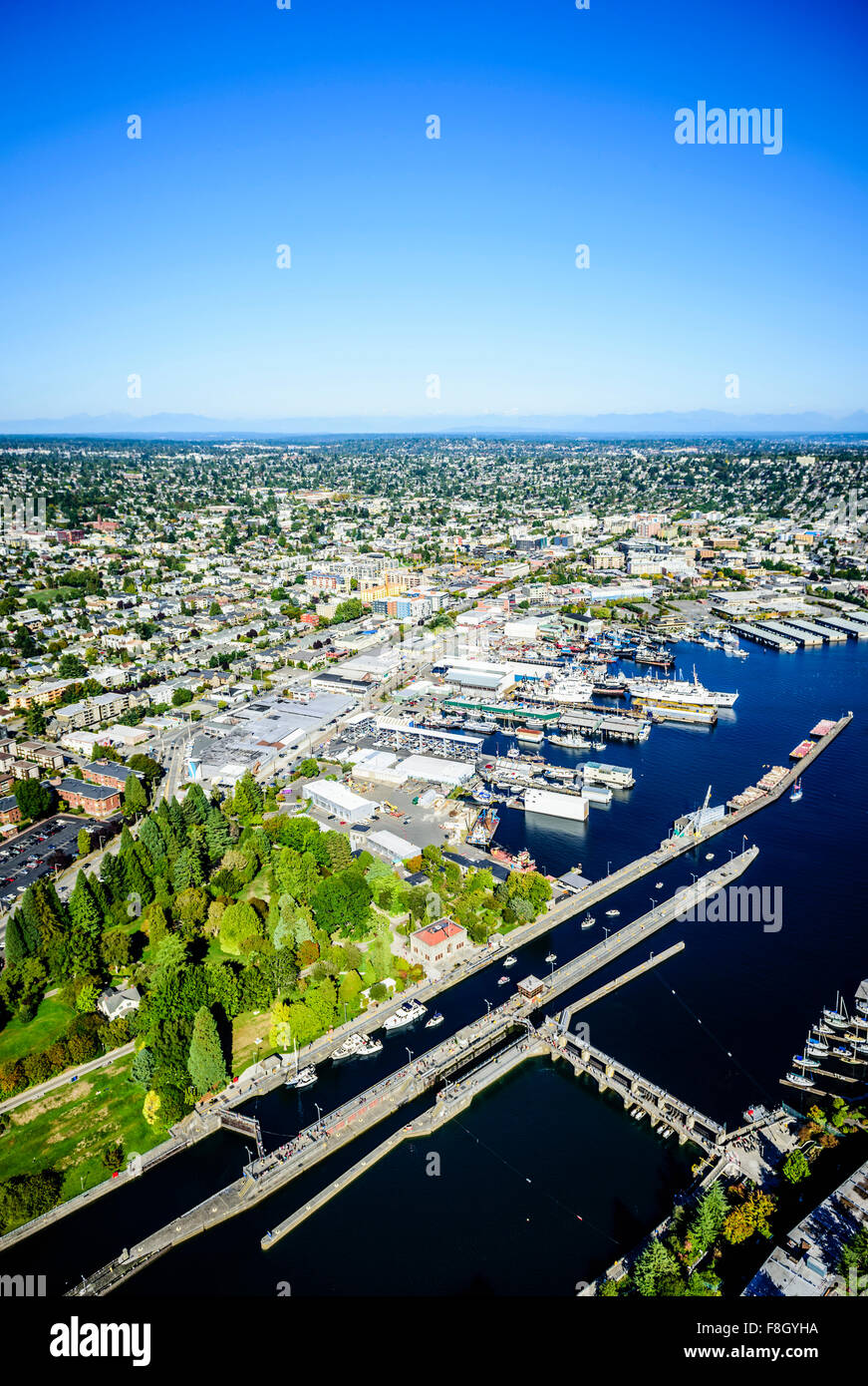 Aerial view of Ballard Locks in Seattle cityscape, Washington, United ...