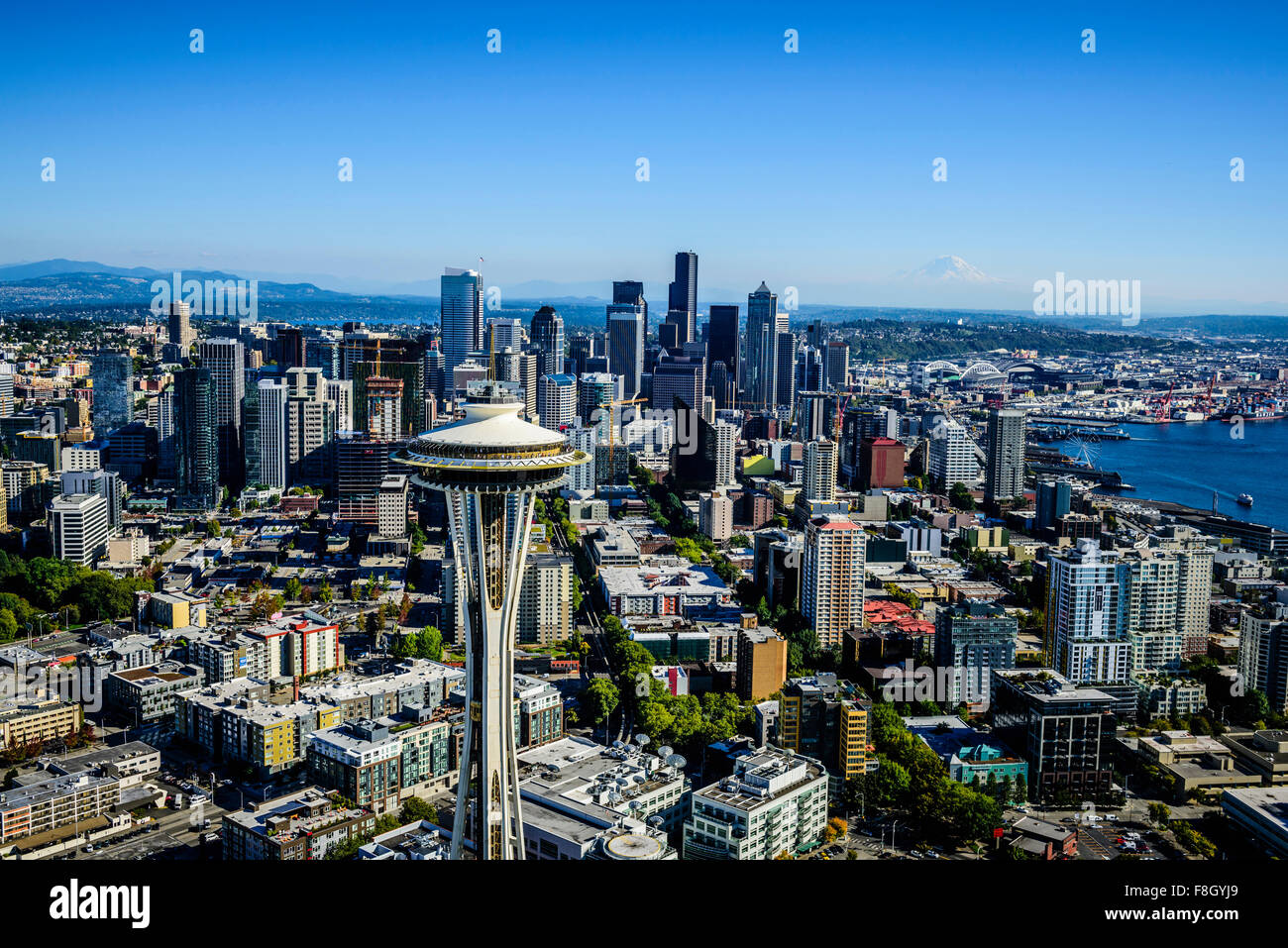 Aerial view of Space Needle in Seattle cityscape, Washington, United ...
