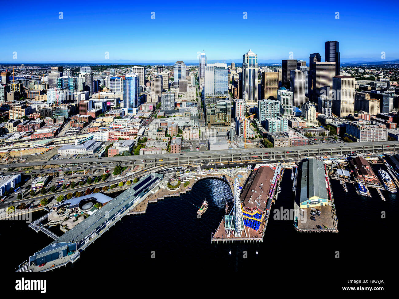 Aerial view of Seattle waterfront and cityscape, Washington, United ...
