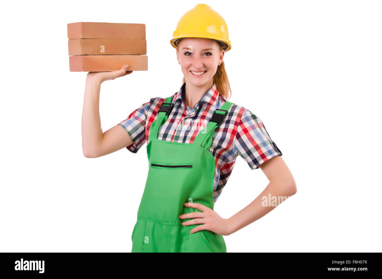 Woman with bricks isolated on white Stock Photo - Alamy