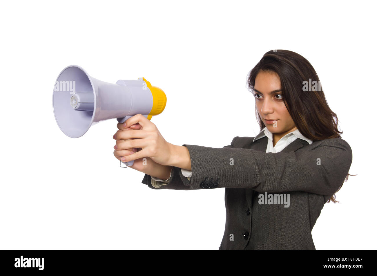 Woman with loudspeaker on white Stock Photo - Alamy