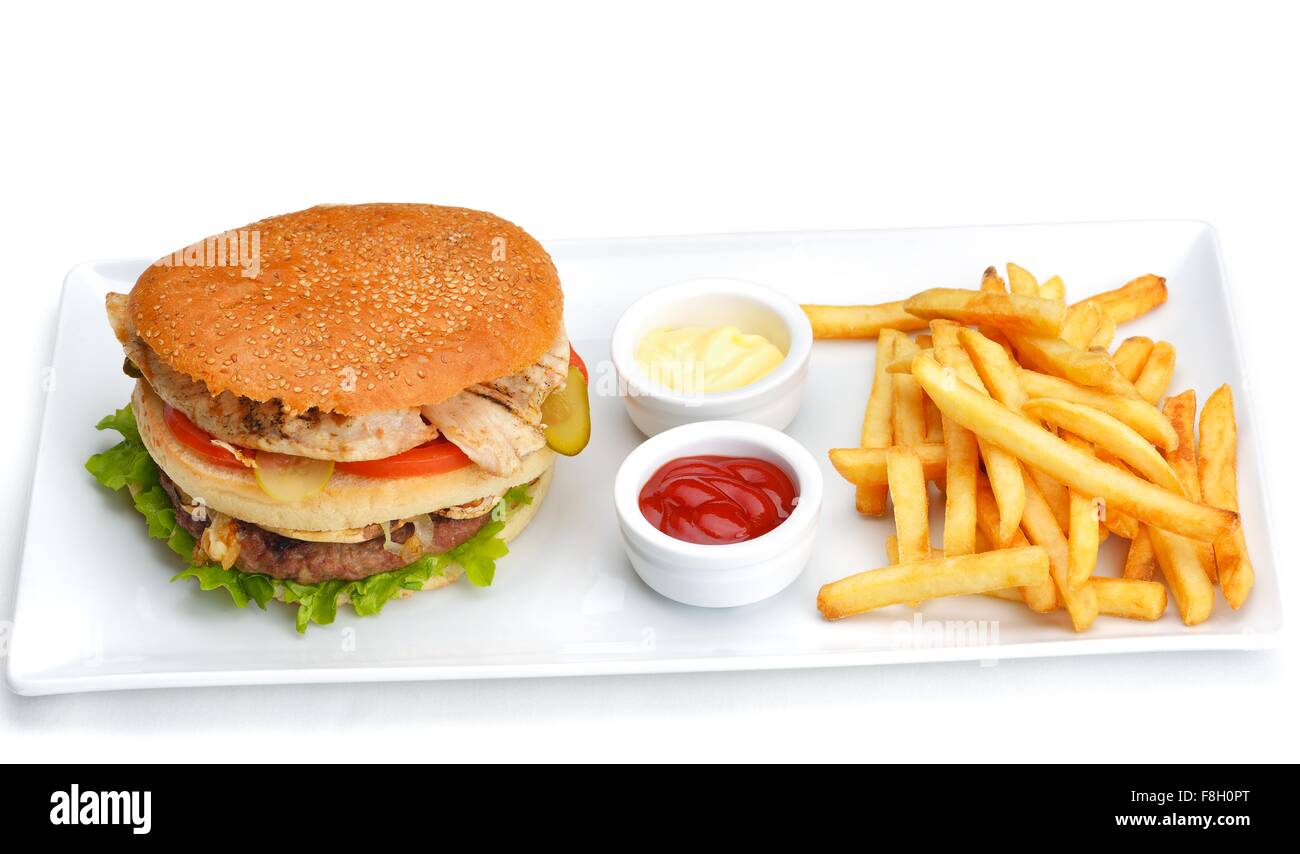 still life with fast food hamburger menu, french fries, soft drink and ...