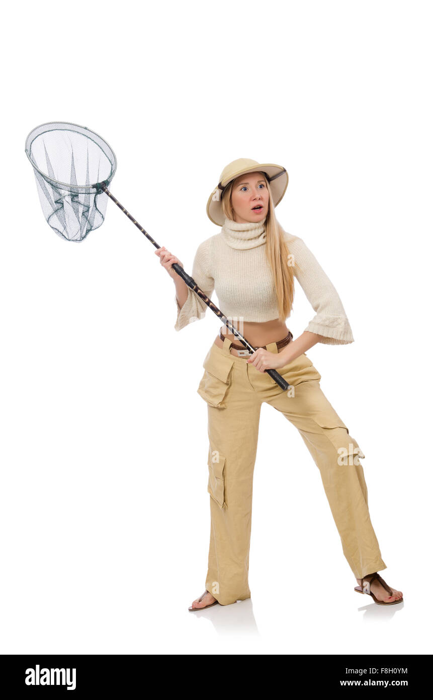 Woman with catching net isolated on white Stock Photo - Alamy