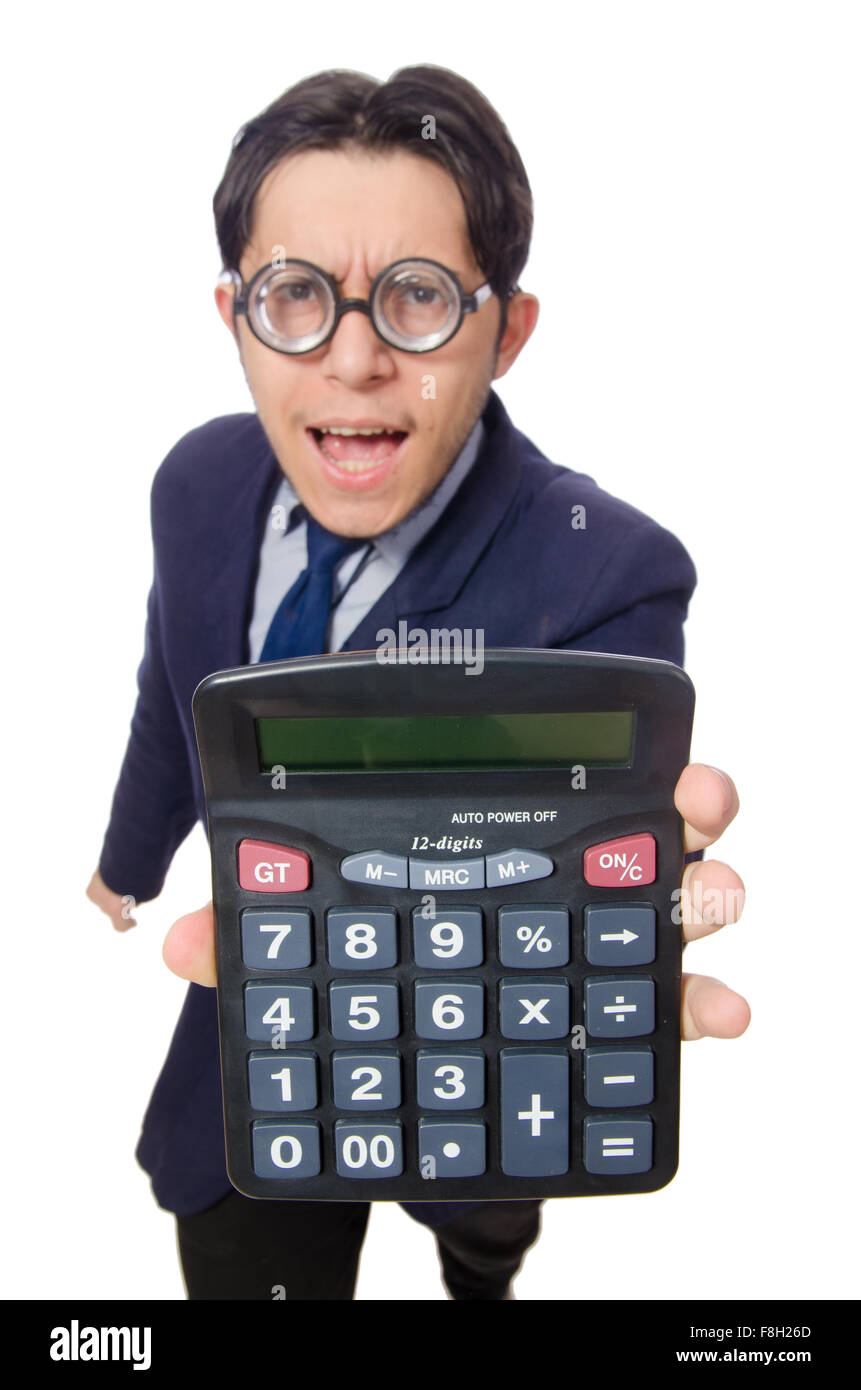 Funny man with calculator isolated on white Stock Photo - Alamy