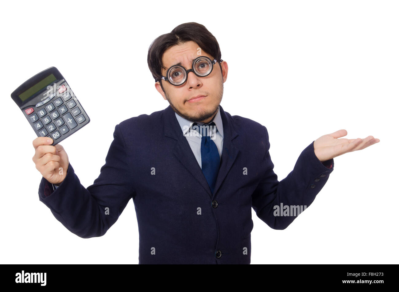 Funny man with calculator isolated on white Stock Photo - Alamy
