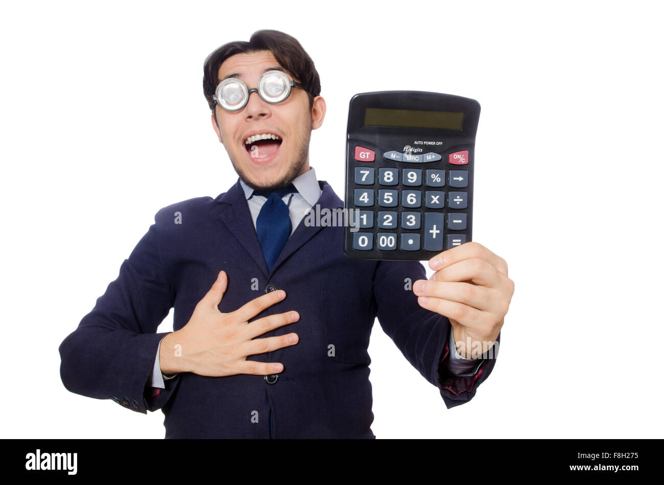 Funny man with calculator isolated on white Stock Photo - Alamy