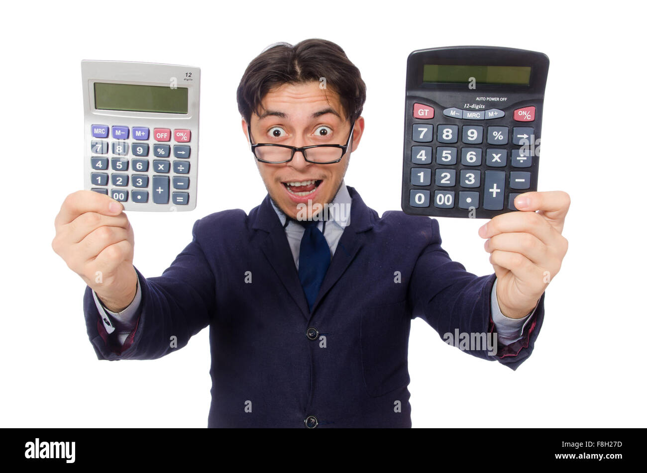 Funny man with calculator isolated on white Stock Photo - Alamy
