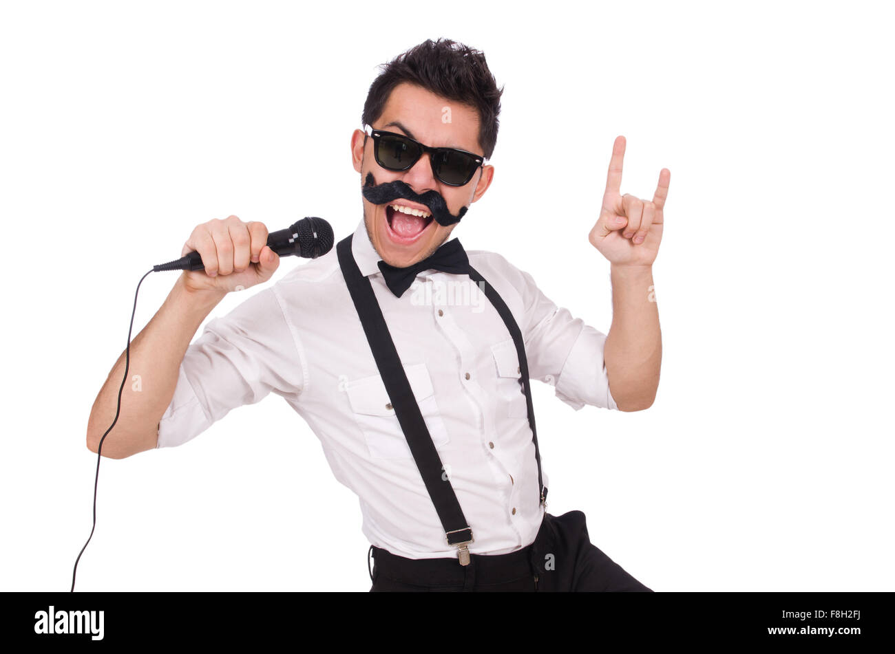 Funny man with mic isolated on white Stock Photo - Alamy