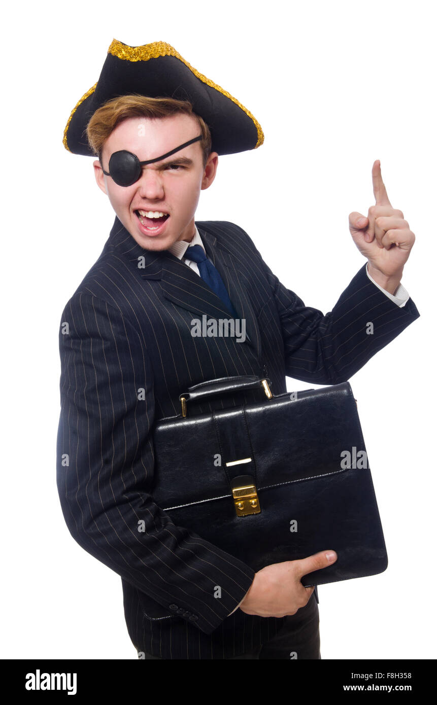 Young man in costume with pirate hat isolated on white Stock Photo - Alamy