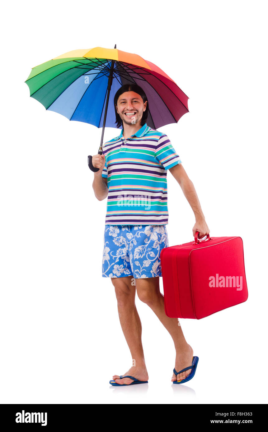 Traveler with red case and umbrella isolated on white Stock Photo - Alamy