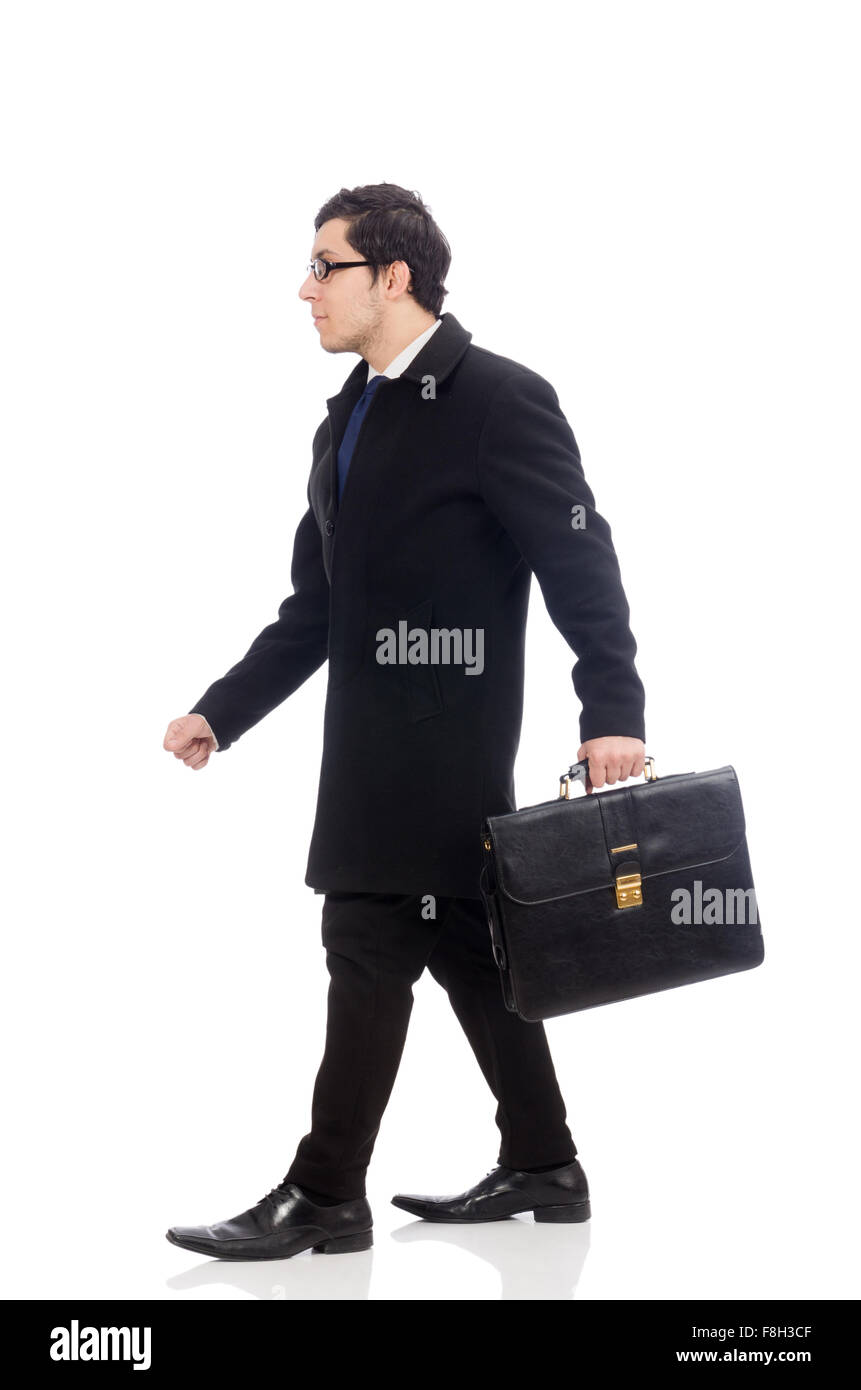 Young man holding suitcase isolated on white Stock Photo - Alamy