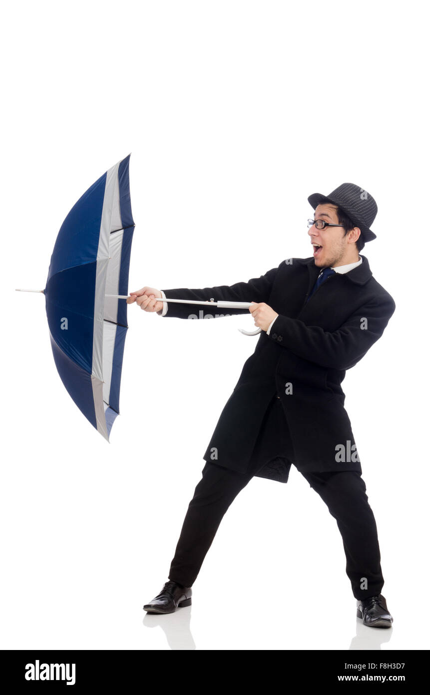 Young man with umbrella isolated on white Stock Photo - Alamy