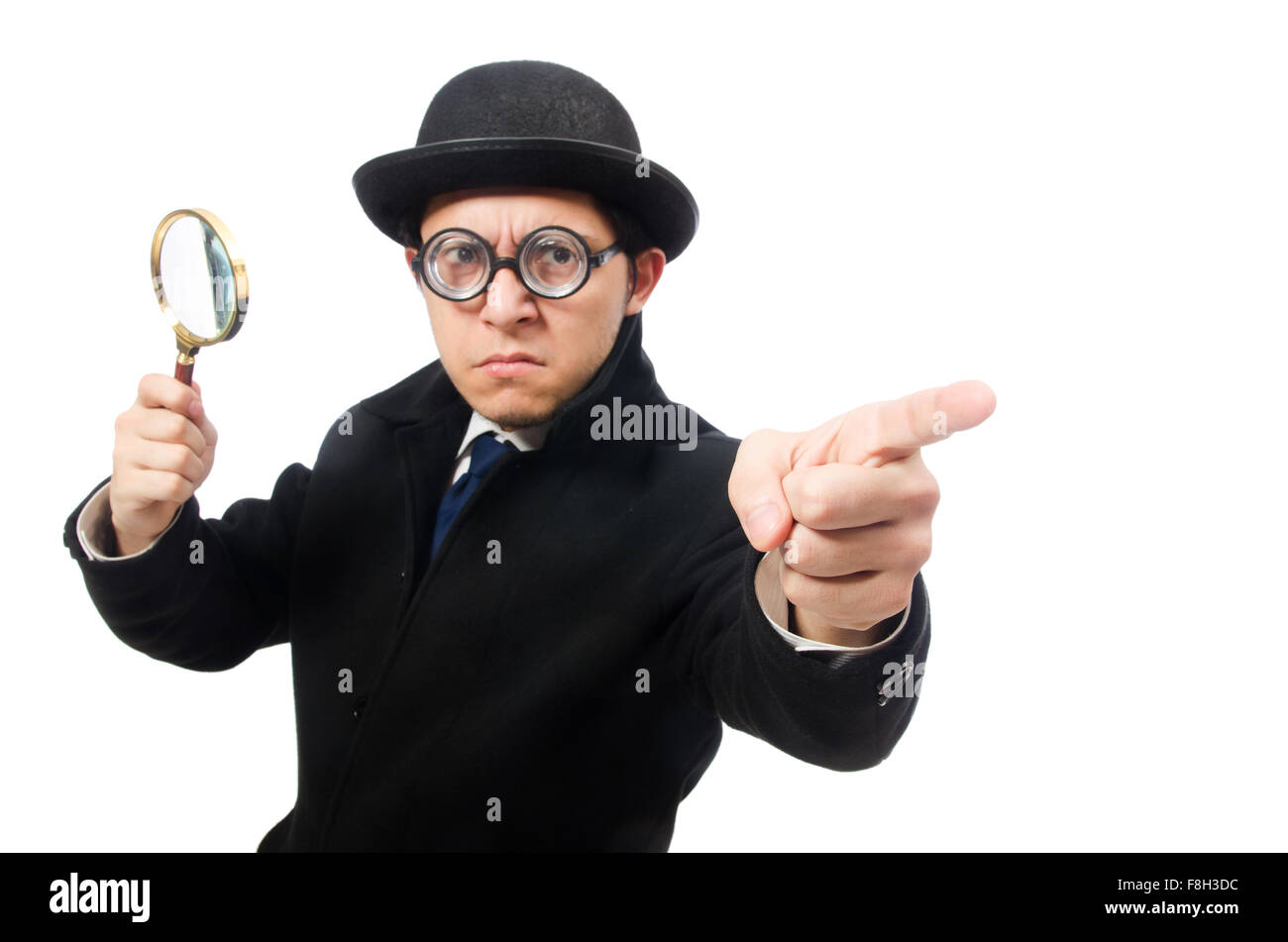 Detective with magnifying glass isolated on white Stock Photo - Alamy