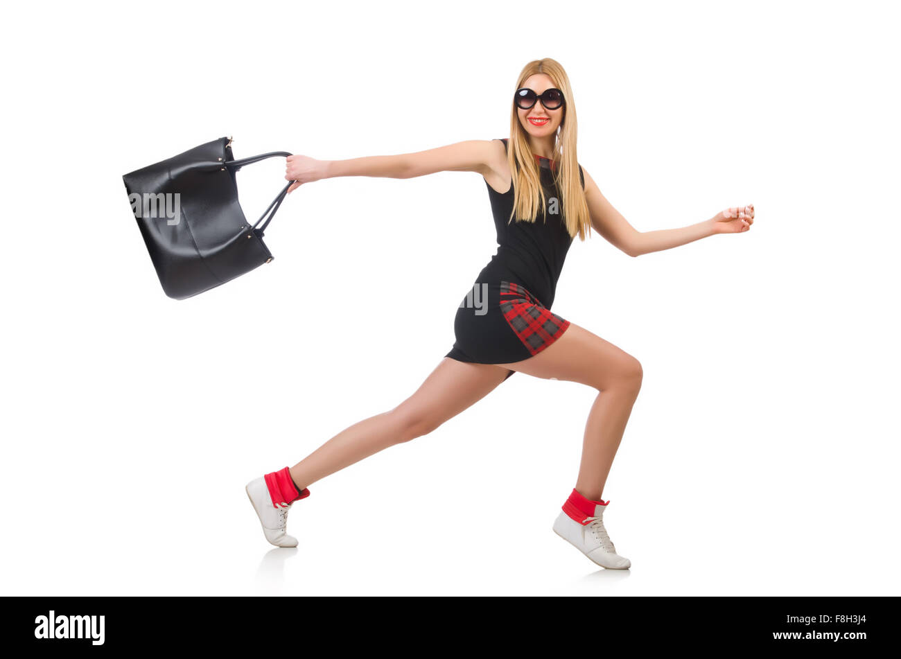 Optimistic woman wearing sunglasses isolated on white Stock Photo - Alamy