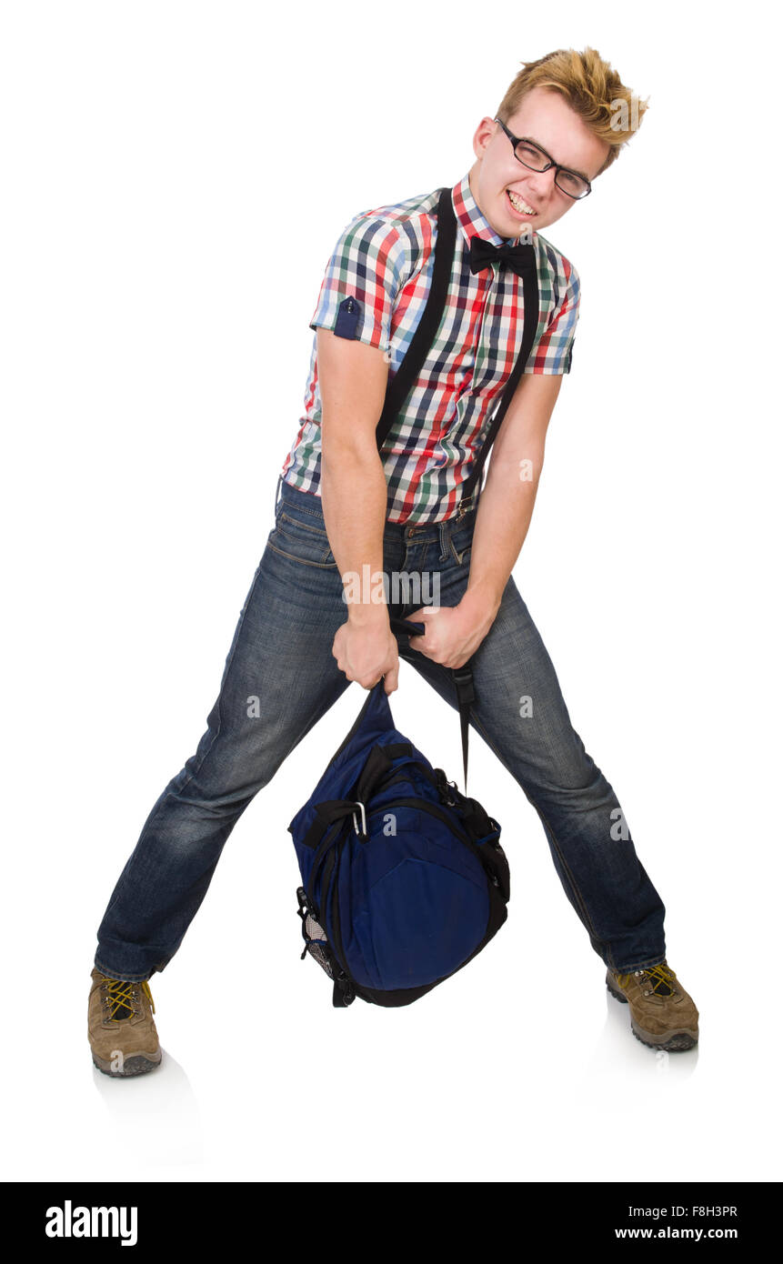 Student with heavy bag isolated on white Stock Photo - Alamy