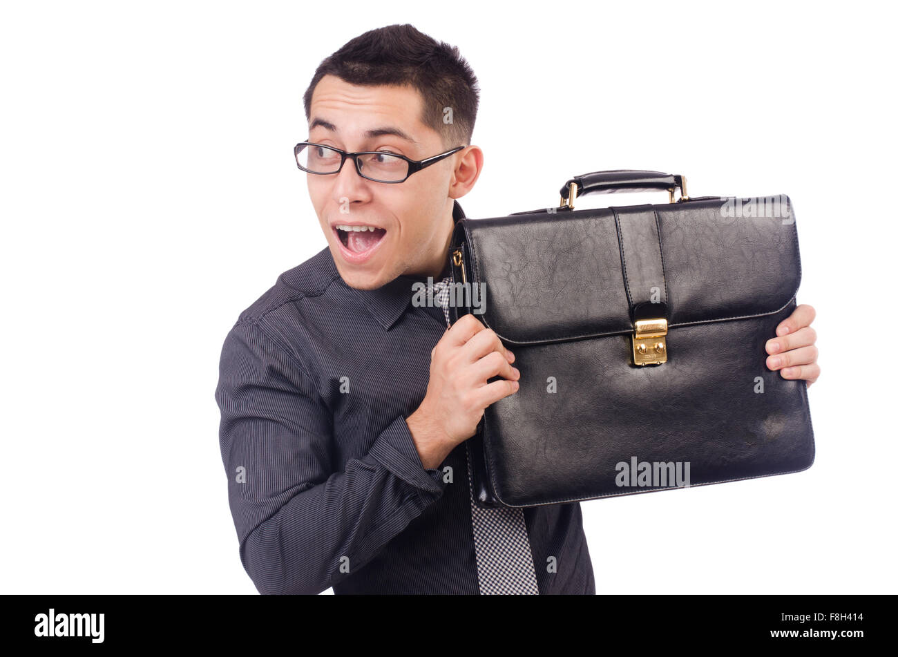 Young man holding briefcase isolated on white Stock Photo - Alamy