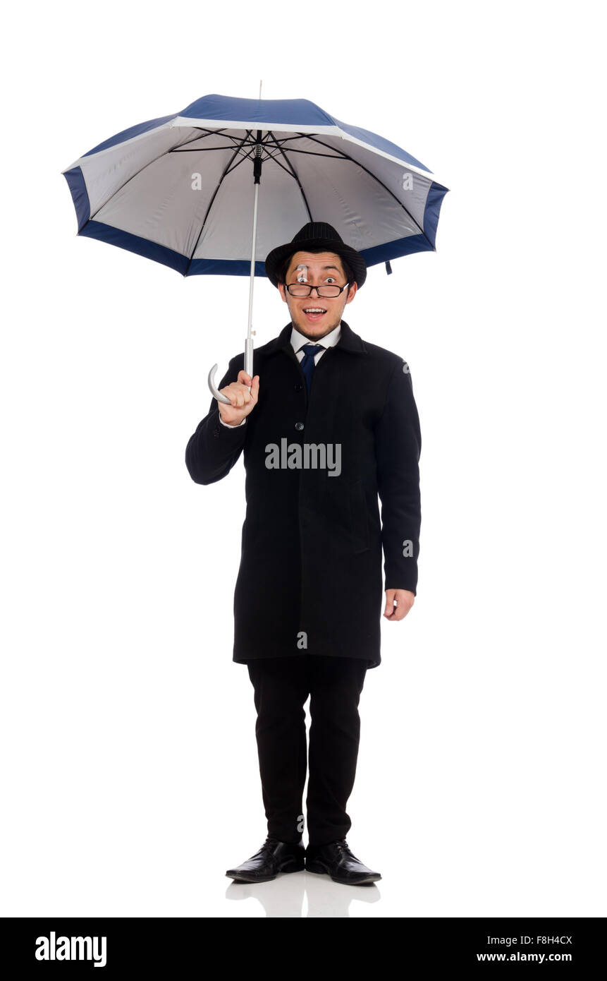 Young man with umbrella isolated on white Stock Photo - Alamy