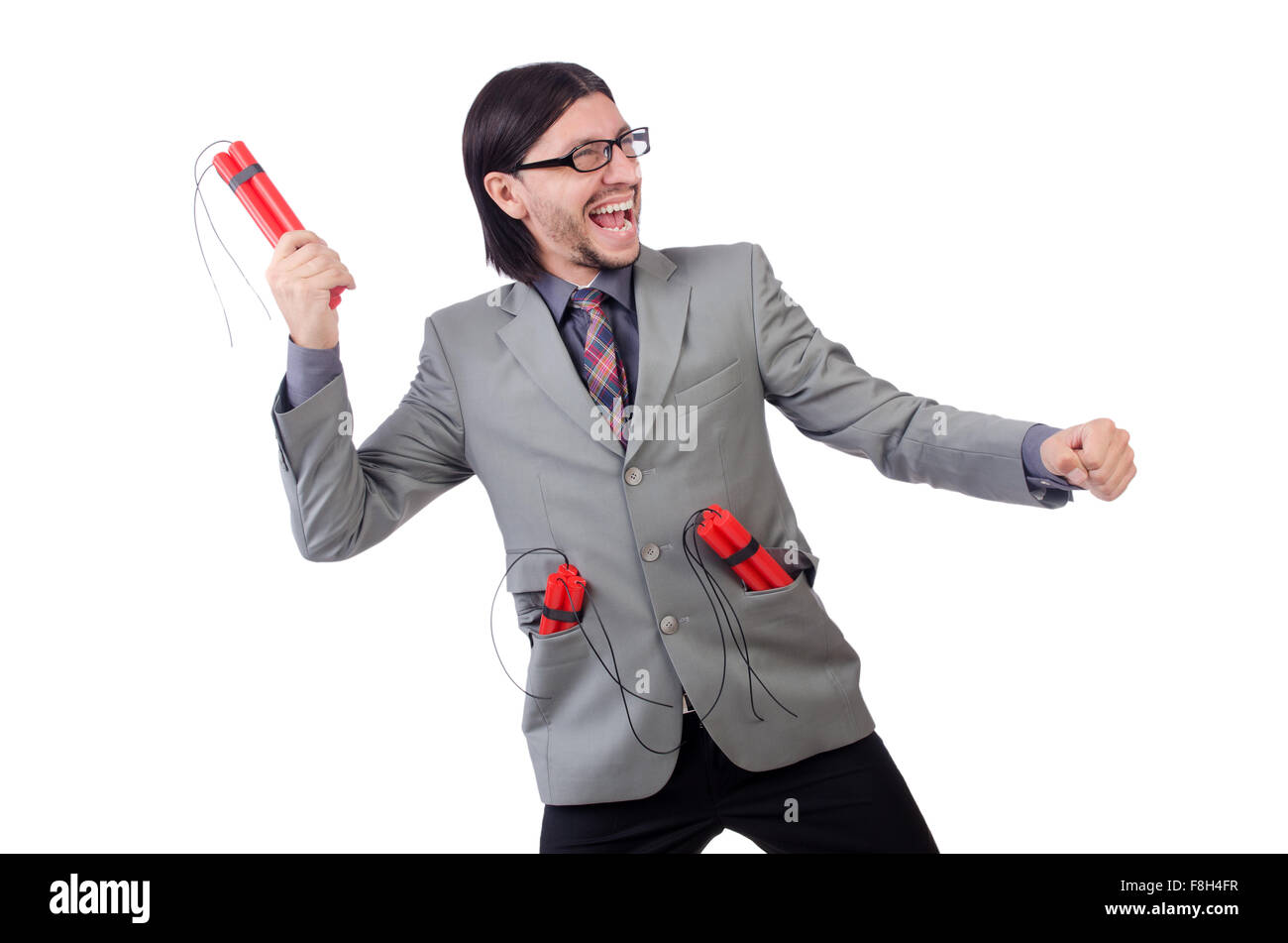 Young businessman holding dynamite isolated on white Stock Photo - Alamy