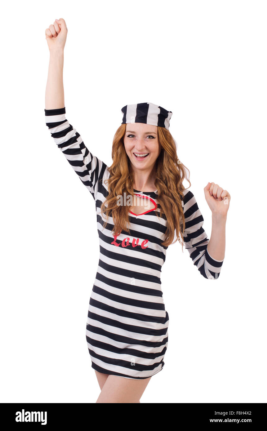 Pretty girl in prisoner uniform isolated on white Stock Photo - Alamy