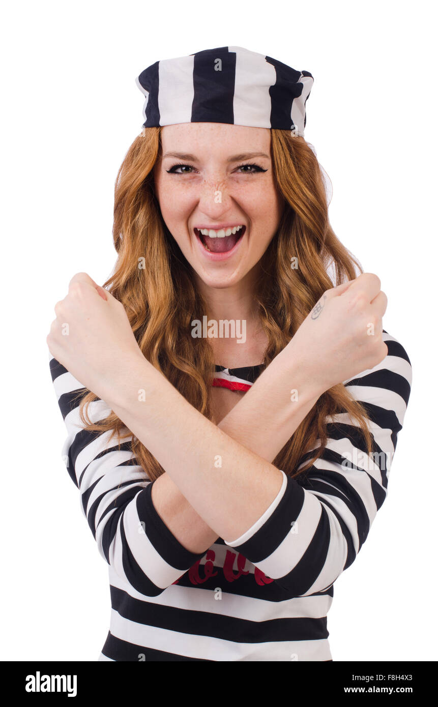 Pretty girl in prisoner uniform isolated on white Stock Photo - Alamy